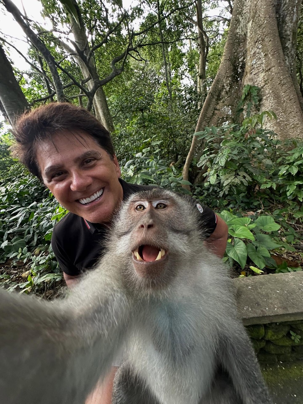 Elaine Mickely e César Filho posam para selfie com macaco: 'Nos reconheceu'
