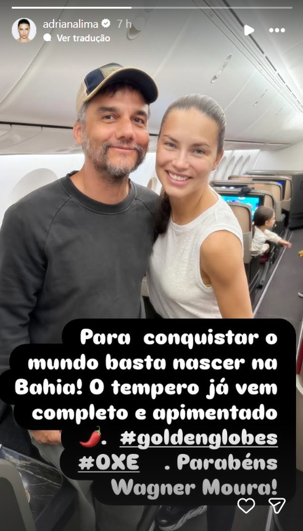 Adriana Lima cita Bahia ao parabenizar Wagner Moura por vencer o Globo ...