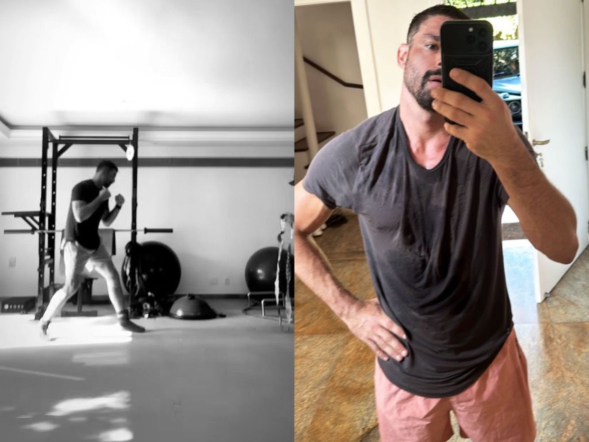 Cauã Reymond sua em treino intenso