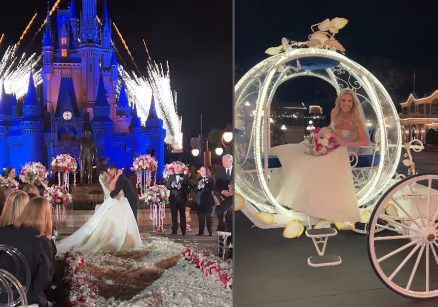 Carruagem da Cinderela, cocheiro e vestido de princesa: noiva mostra ...
