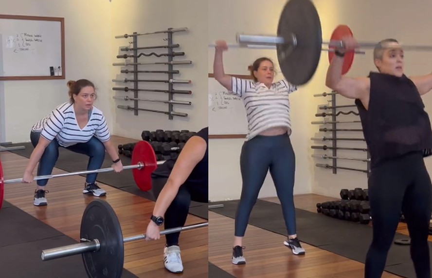 Leandra Leal celebra gravidez levantando peso na academia: '18 semanas'