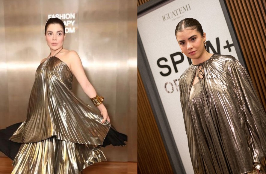 Gkay e atriz Mel Bayde repetem look dourado no SPFW