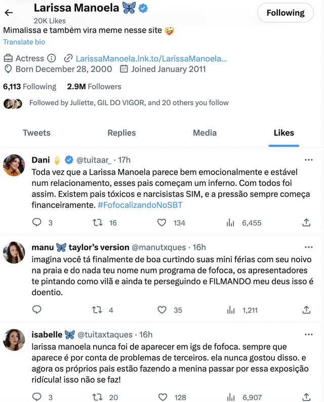 Após pronunciamento polêmico, Larissa Manoela curte tweets sobre os pais