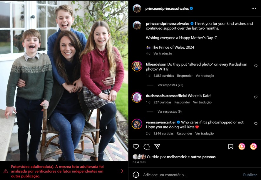 Após polêmica, Instagram coloca selo de aviso em foto editada de Kate ...