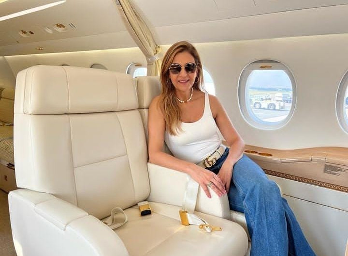 Leila Pereira embarca para Buenos Aires em jatinho luxuoso