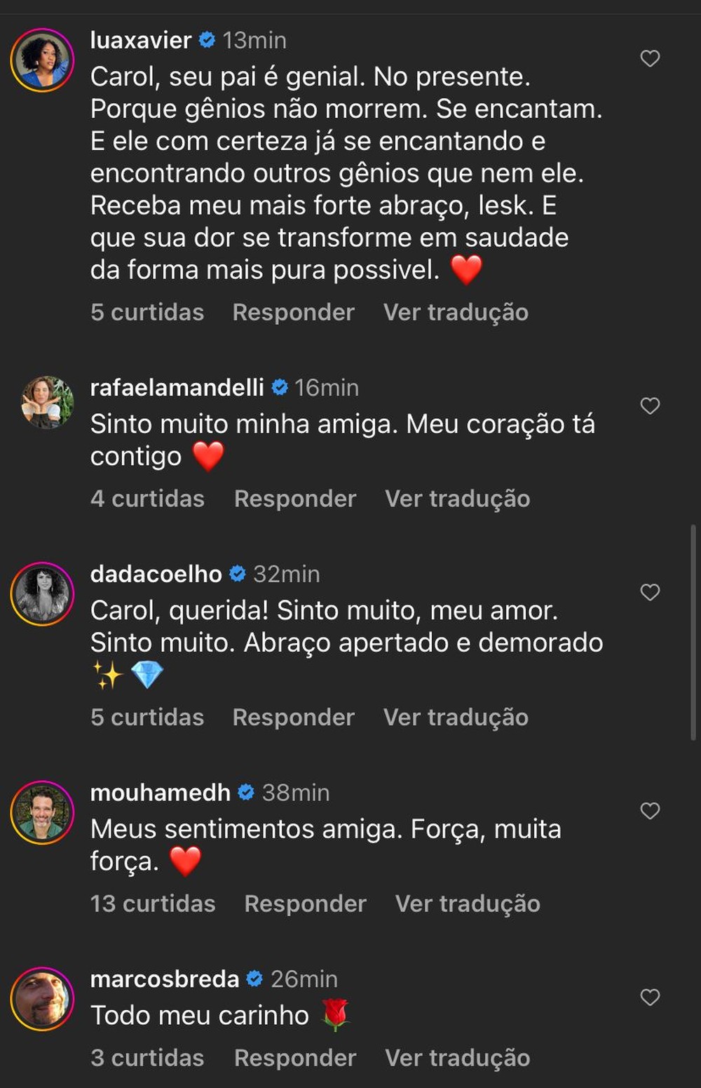 Carol Castro anuncia a morte do pai e recebe apoio de amigos