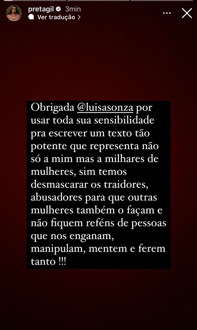 Preta Gil faz carta aberta a Luísa Sonza: 'Temos que desmascarar os ...