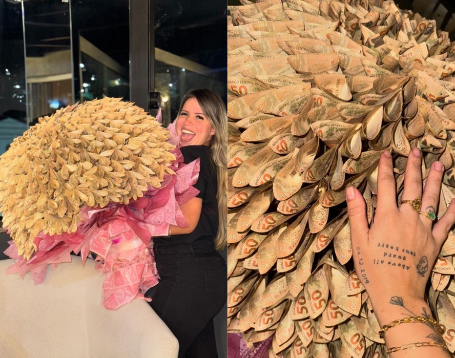 R$ 25 mil! Influenciadora ganha buquê feito com notas de R$ 50 e viraliza