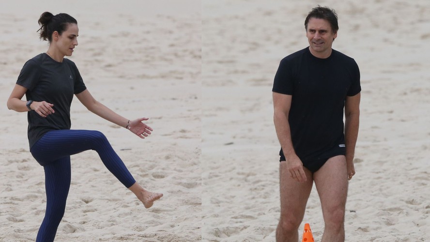 Murilo Rosa e Fernanda Tavares treinam juntos na praia da Barra, no Rio de Janeiro