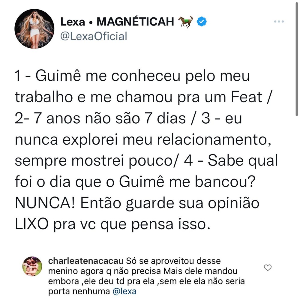 Lexa rebate seguidor ao ser acusada de 'se aproveitar de Guimê'