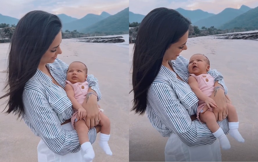 Bruna Biancardi posa com Mavie em ensaio na praia